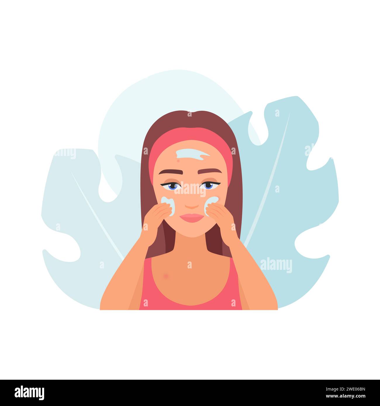 Girl applying cosmetic product to facial skin for skincare routine ...