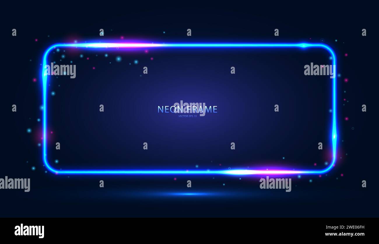 Neon rectangular frame with shining effects and highlights on a dark ...
