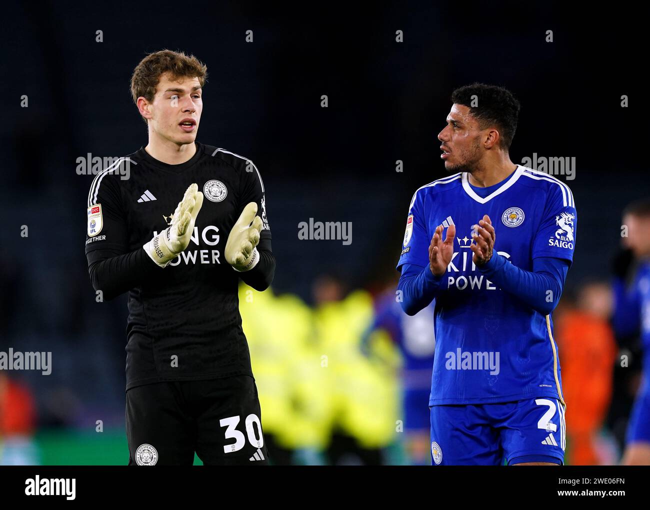 Leicester City goalkeeper Mads Hermansen (left) and James Justin ...