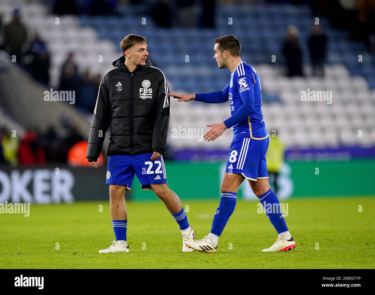 Leicester City's Kiernan Dewsbury-Hall (left) speaks to team-mate Harry ...