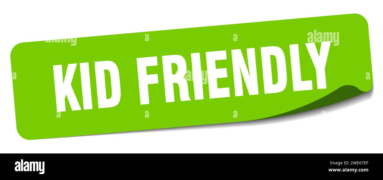 kid friendly sticker. kid friendly rectangular label isolated on white ...