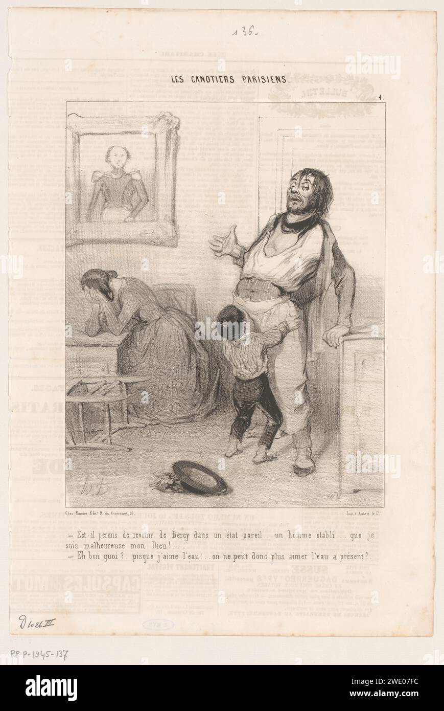 Drunken Man comes home to his family, Honoré Daumier, 1843 Paris paper ...