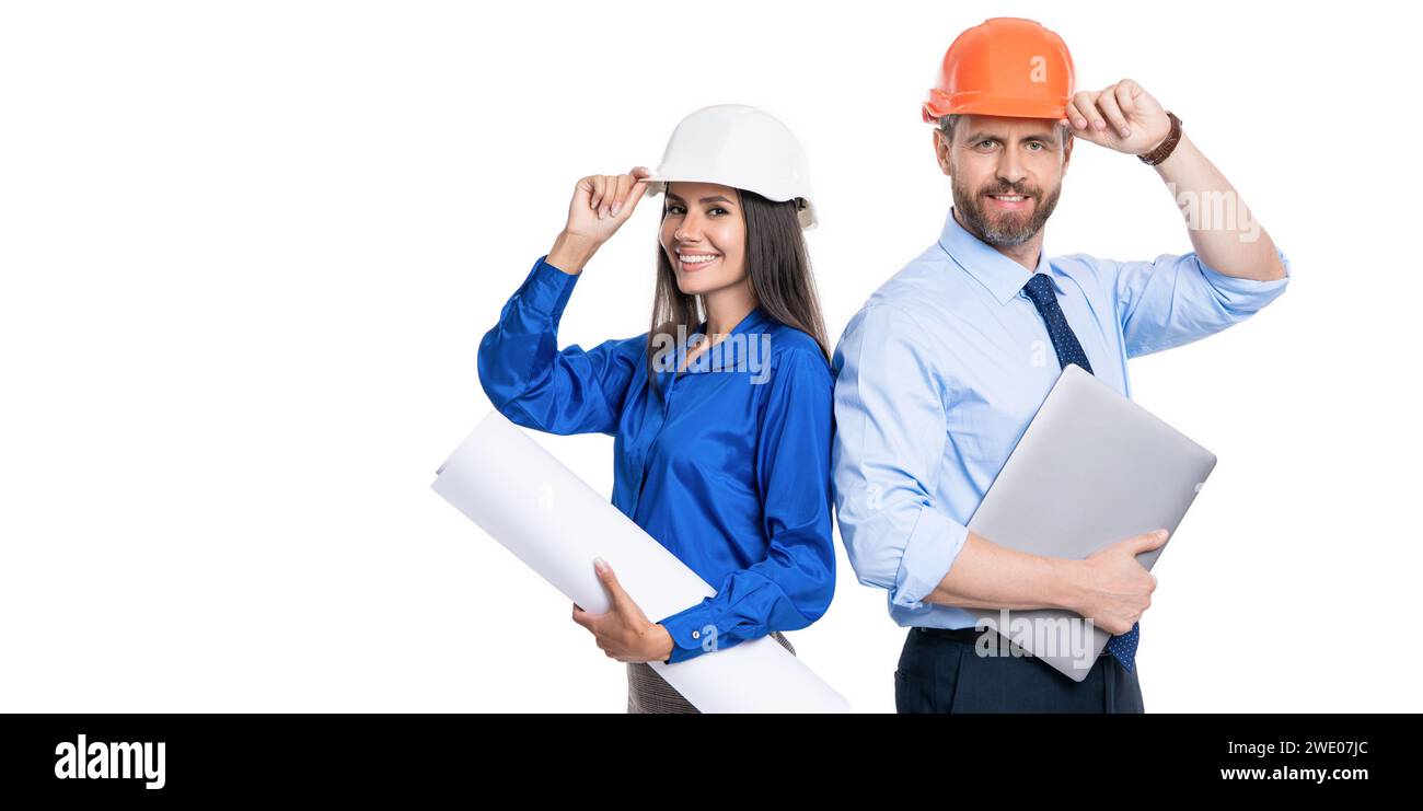 Data protection. Supervisor engineer with blueprint. Plan construction ...
