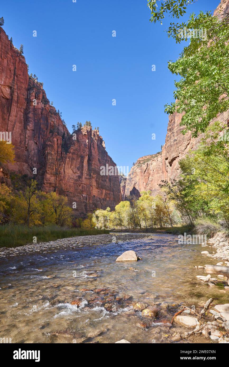 A clear, refreshing creek runs through a steep valley. The river bed is ...