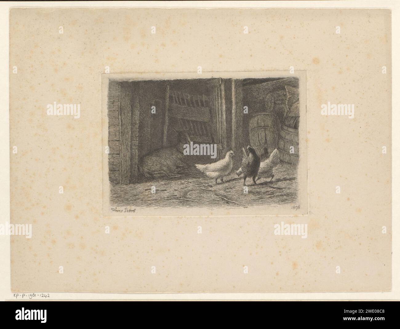 Lying goat and three chickens, Frans Lebret, 1898 print A horizontal ...
