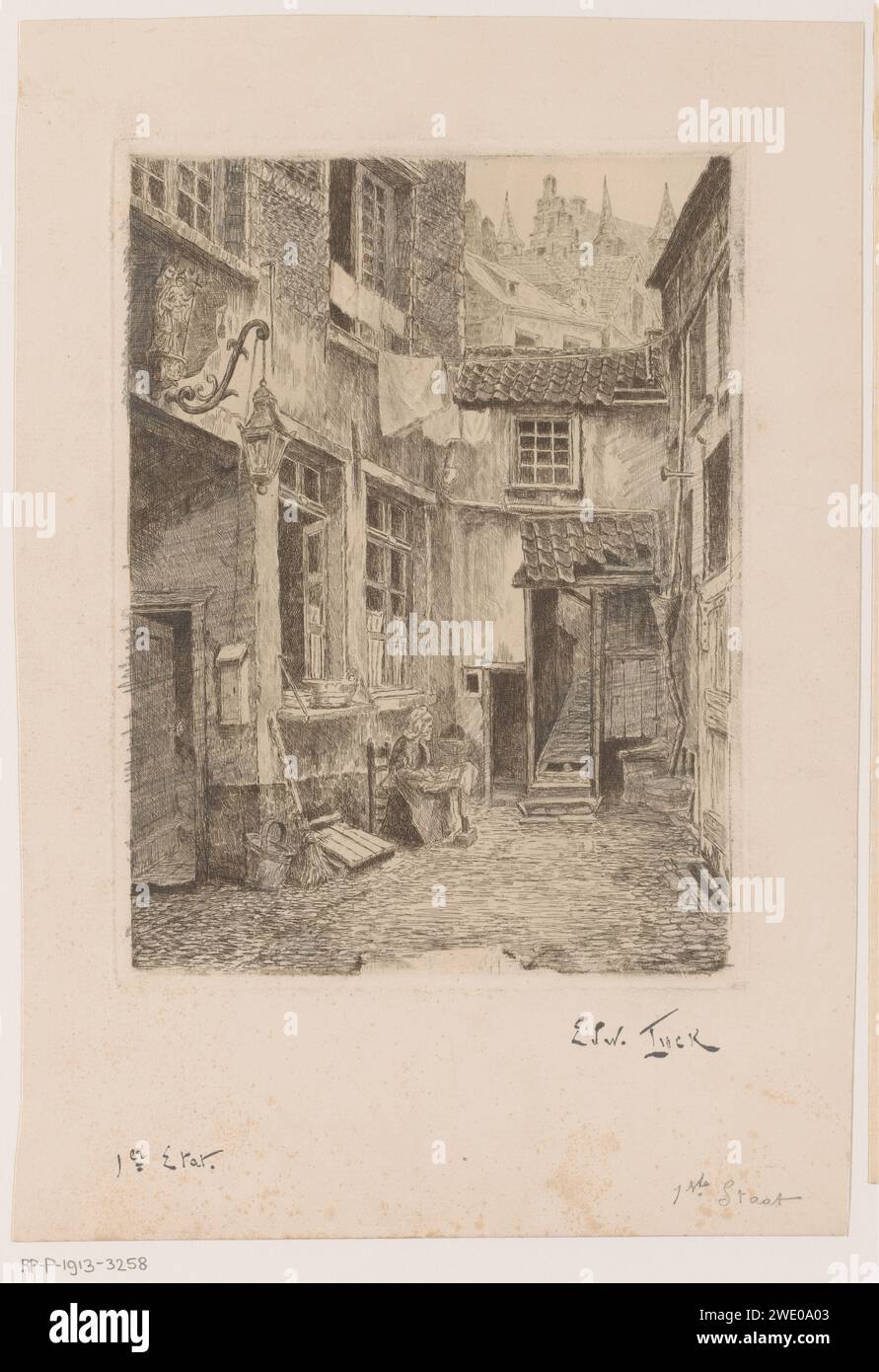 View of a courtyard in Antwerp, Edouard Tyck, 1888 print paper. pencil ...