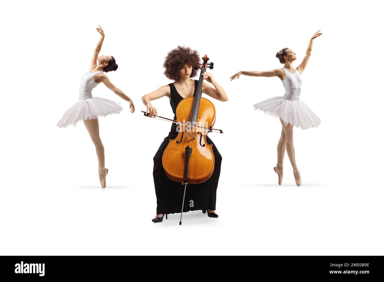 Elegant young woman in a black dress playing a contrabass and two ...