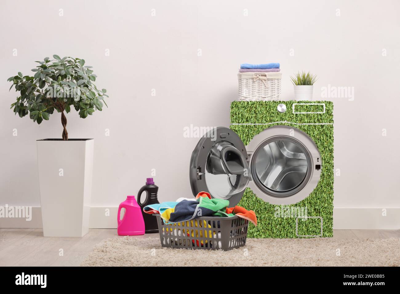Green energy efficient washing machine in a room and a laundry basket ...