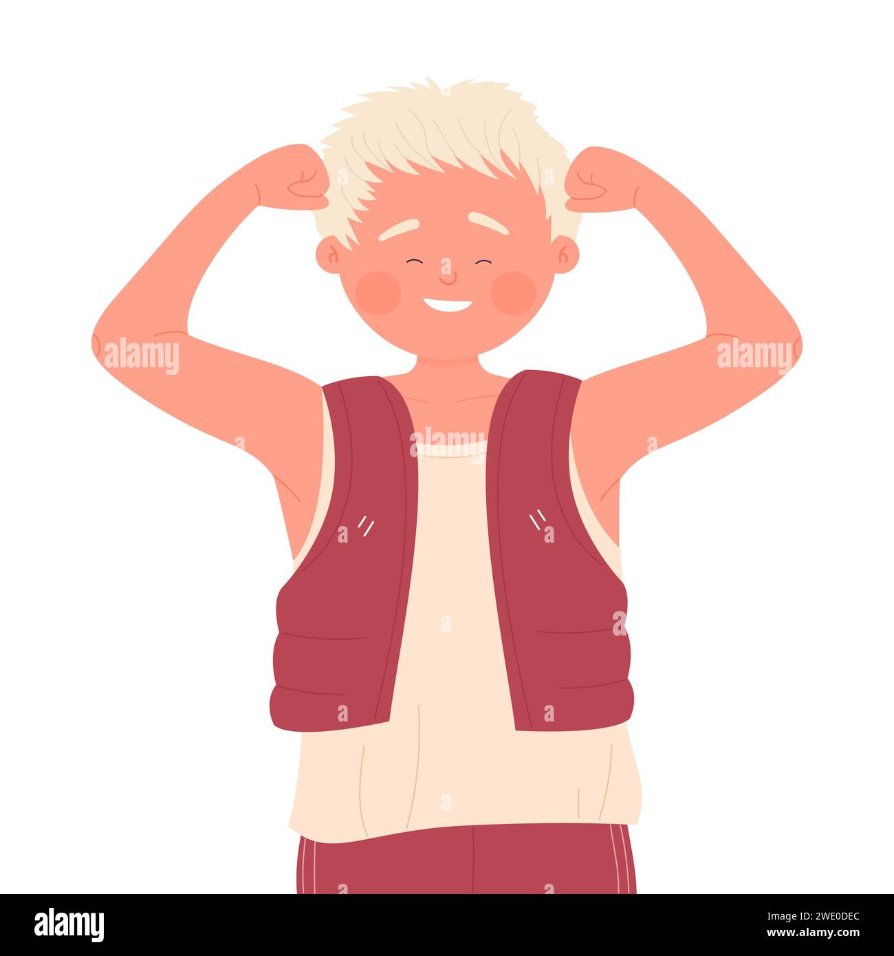 Happy little boy showing muscles. Children workout, sport activity ...