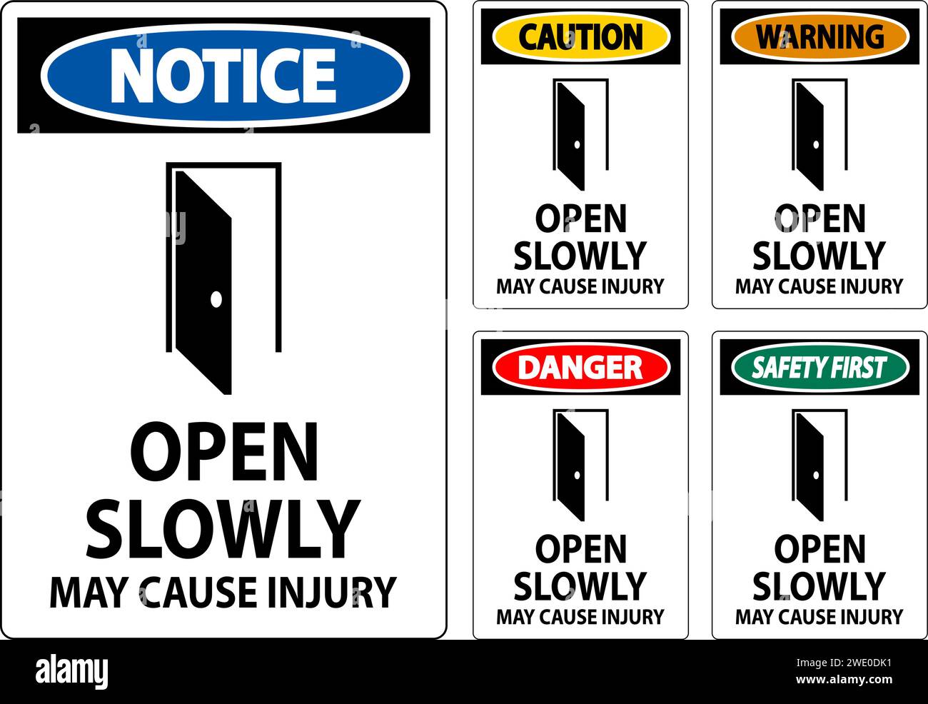 Safety First Sign, Open Slowly, May Cause Injury Stock Vector Image ...