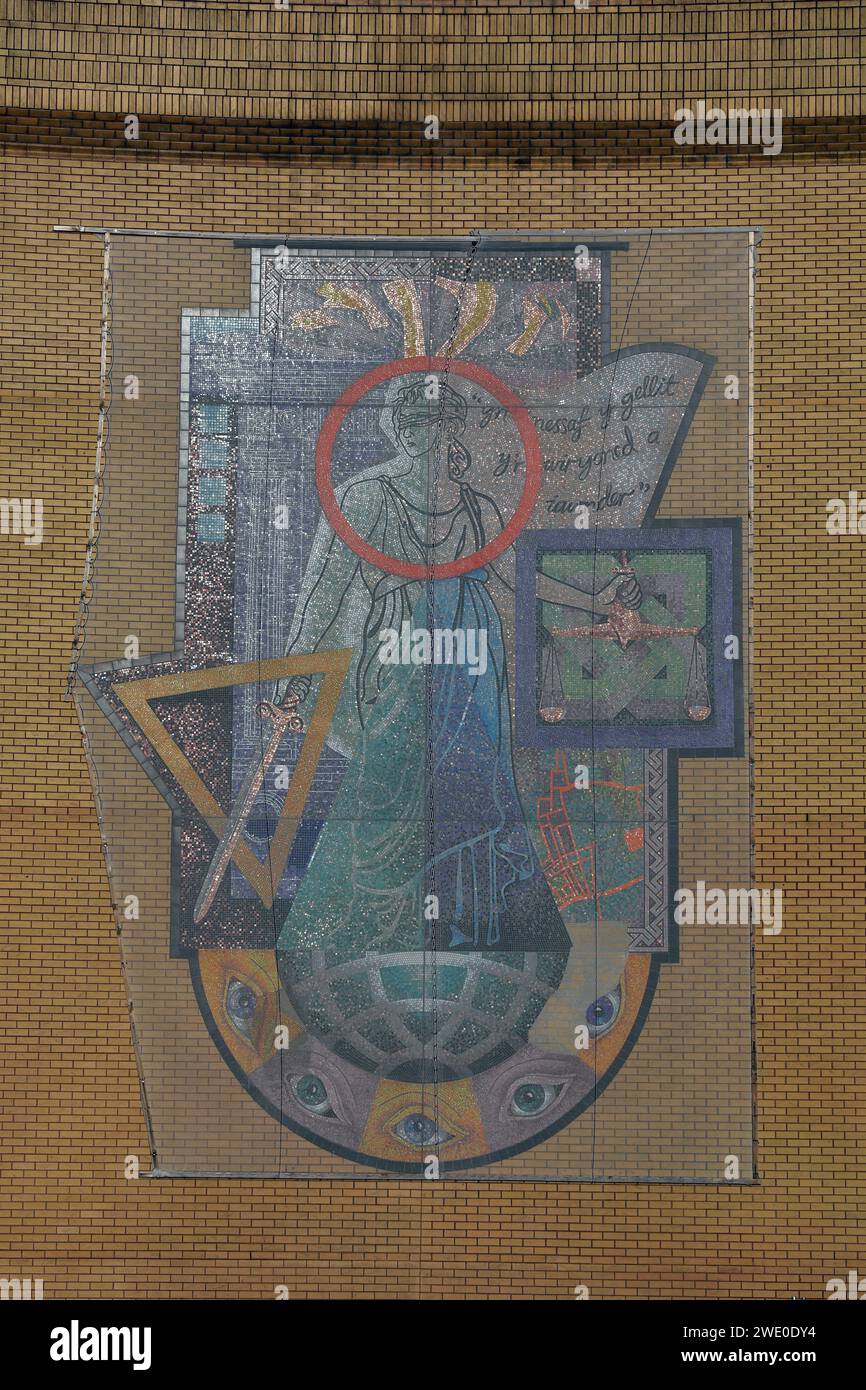Mosaic of Blind Justice on the wall of Cardiff Magistrate's Court ...