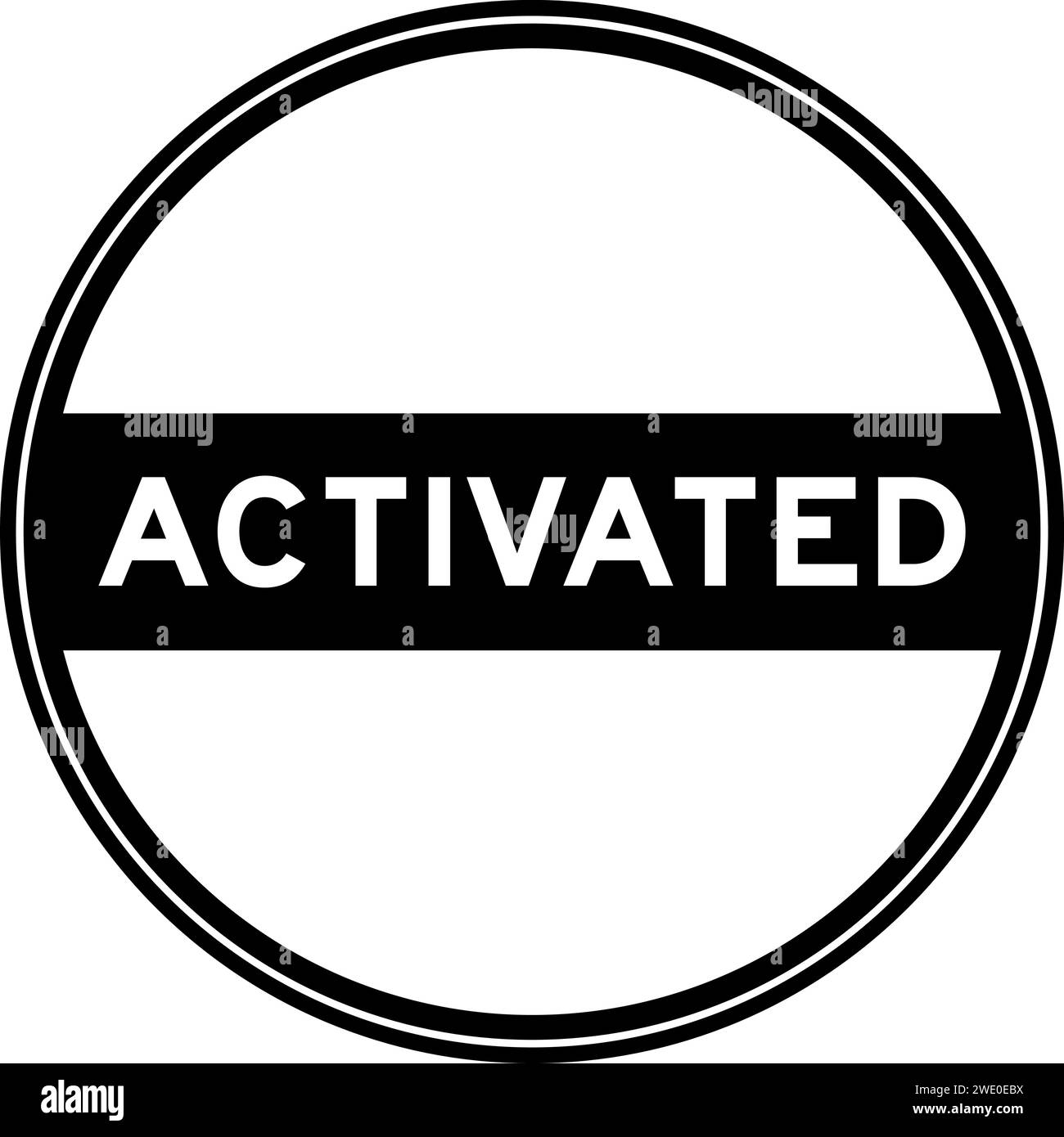 Black color round seal sticker in word activated on white background ...