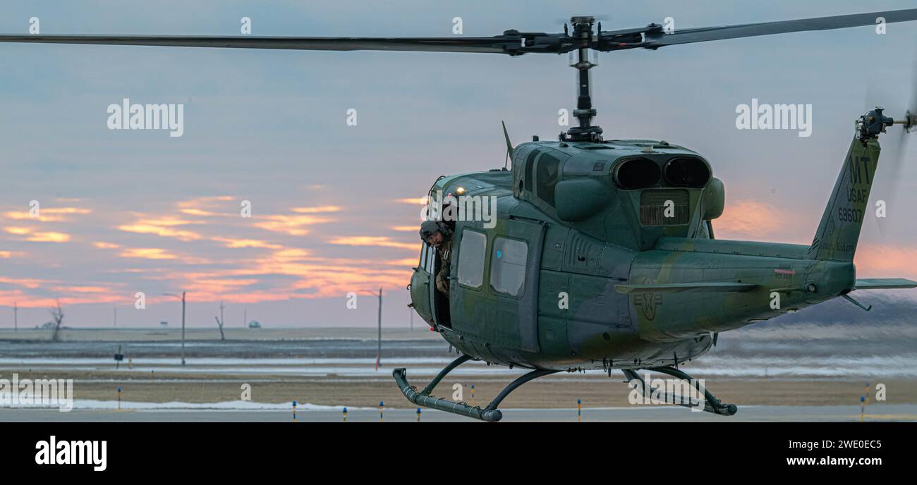 A U.S. Air Force UH-1N Iroquois takes off at Minot Air Force Base, N.D ...