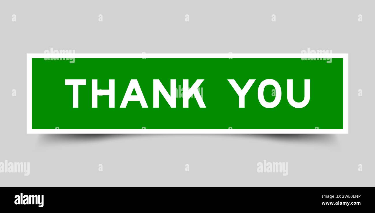 Square sticker label with word thank you in green color on gray ...