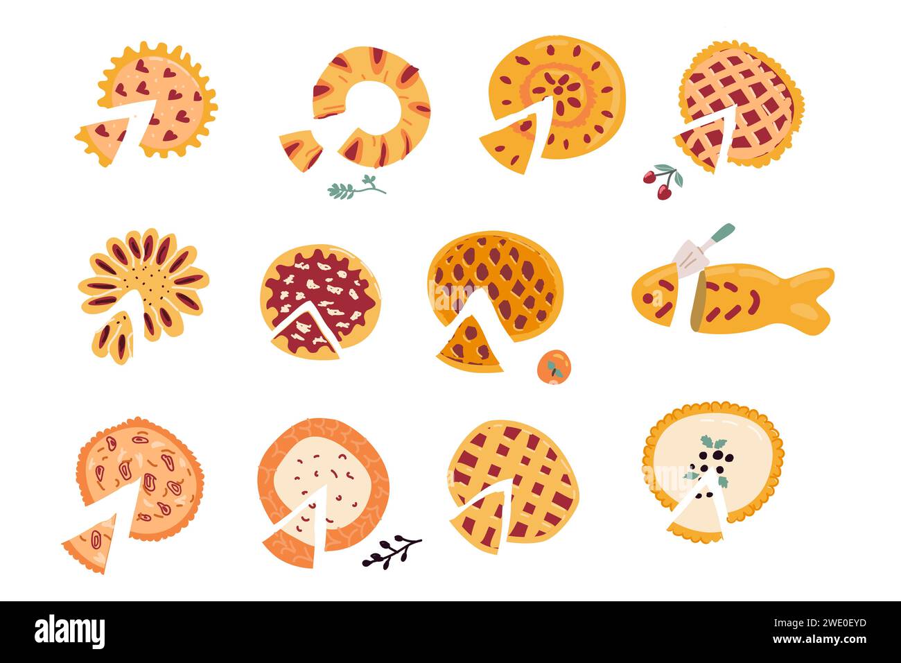Hand drawn sliced pie set with different shapes. Vector illustration ...