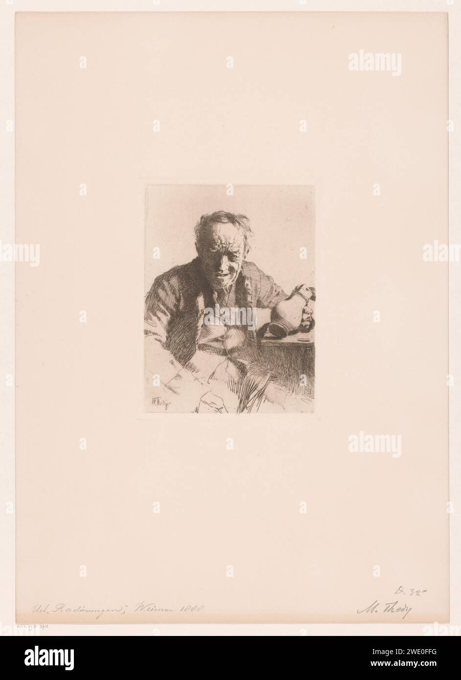 Oude drinker, Max Thedy, 1888 print Weimar paper. etching jar, jug ...
