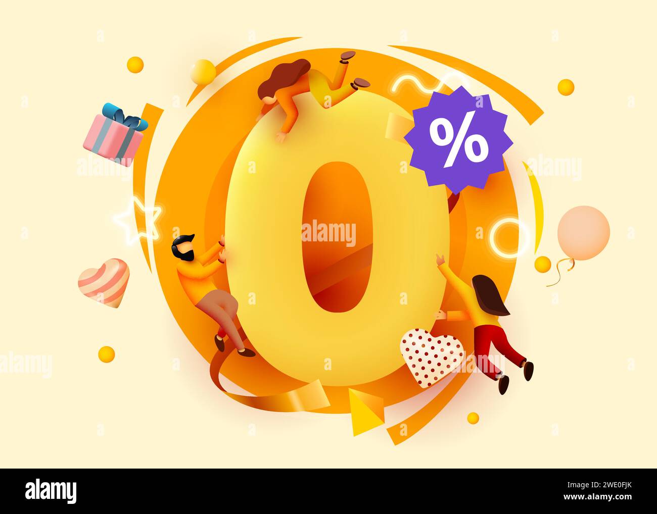 3d zero number with flying people. Zero percent commissions. Vector ...