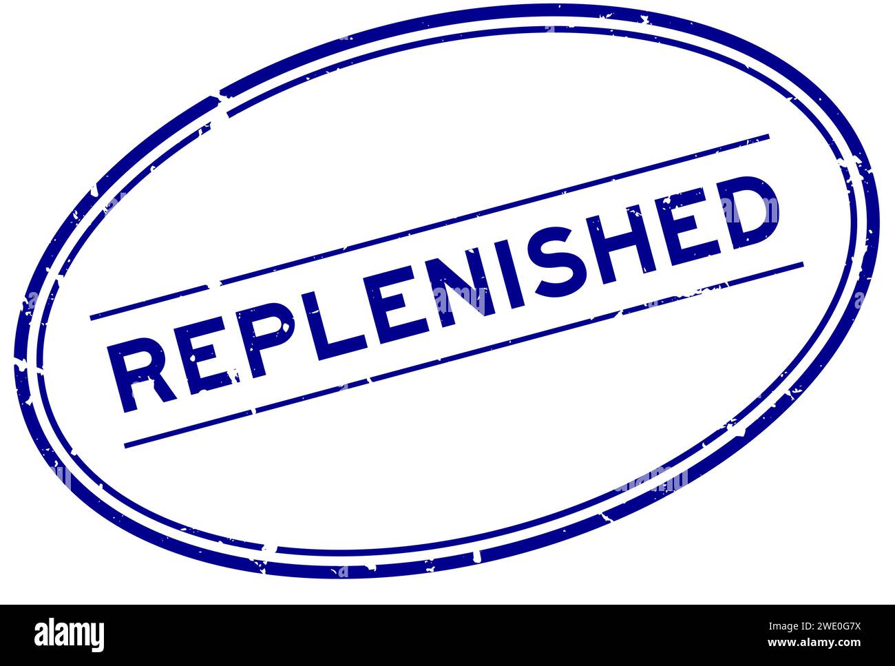 Grunge blue replenished word oval rubber seal stamp on white background ...