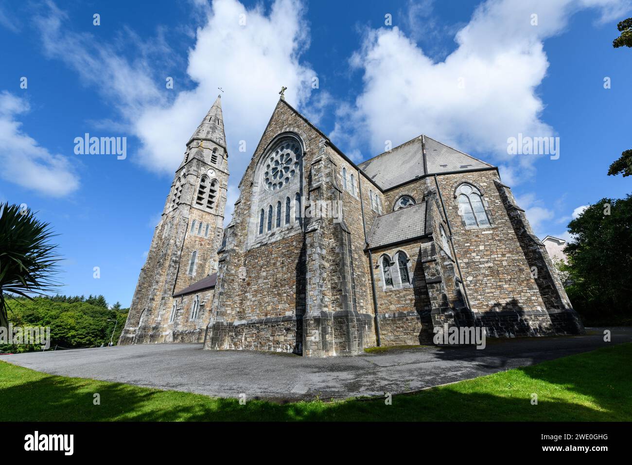 Wide-angle frontage of St Joseph's Gothic Church in Clifden on a sunny ...