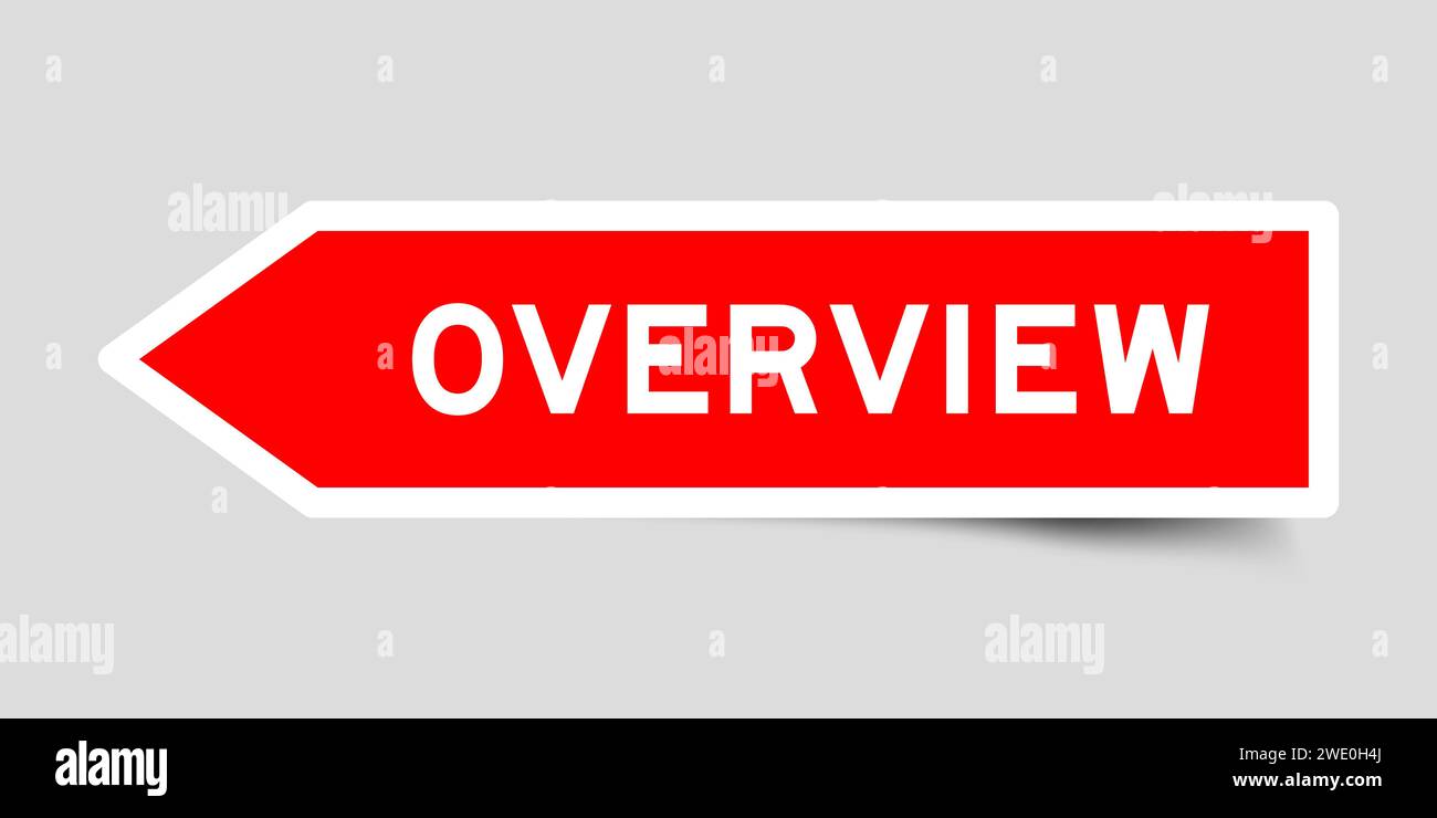 Red color arrow shape sticker label with word overview on gray ...