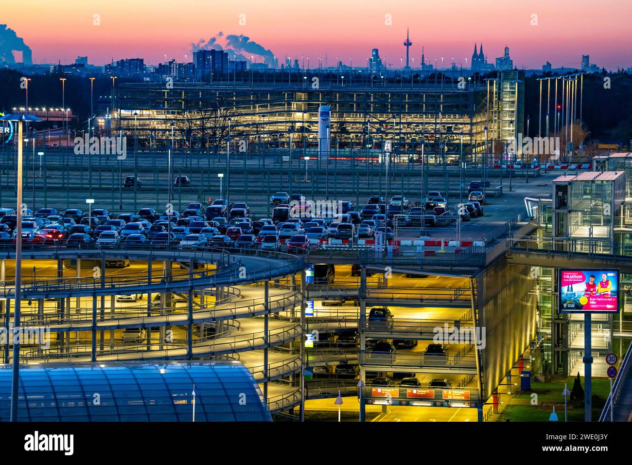 Cologne-Bonn Airport car park, Cologne city centre skyline, cathedral ...