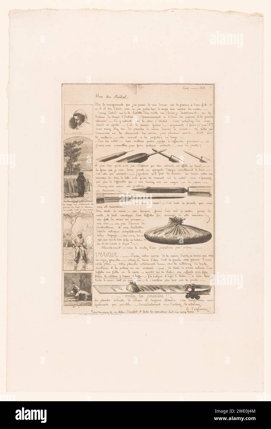 Letter about etching techniques with illustrations from different tools ...