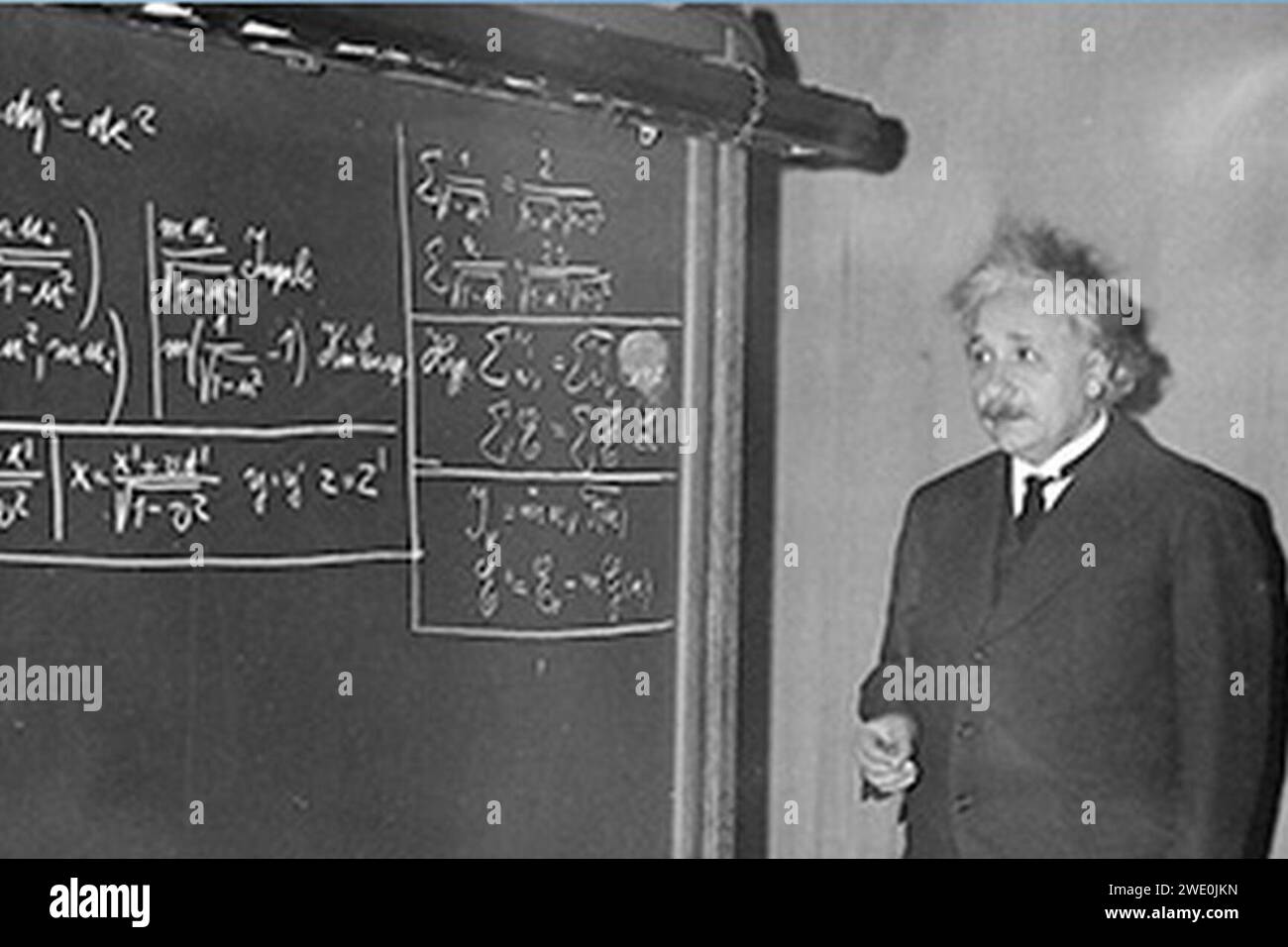 Albert Einstein near a blackboard with special relativity formulae, before 1940 Stock Photo - Alamy