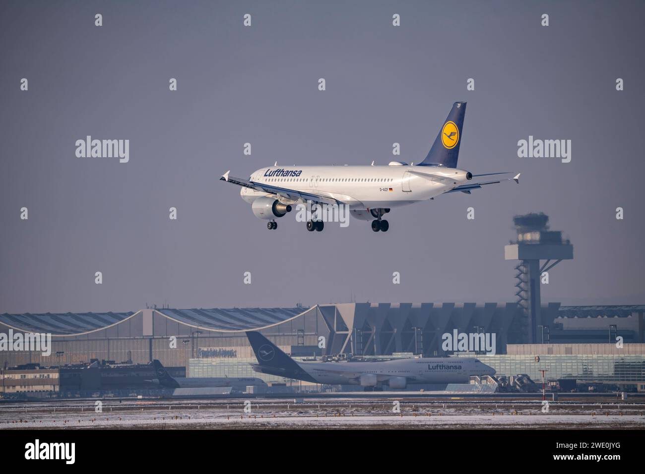 Lufthansa Airbus A320-200 beim Landeanflug auf den Flughafen Frankfurt FRA, Tower der ...