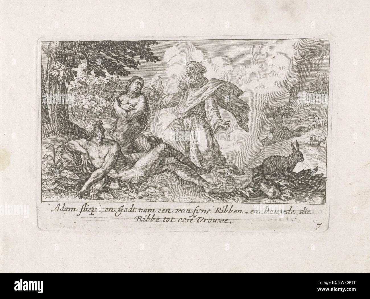 The creation of Eva, Crispijn van de Passe (I), 1700 - 1750 print God drops Adam in a deep sleep ...