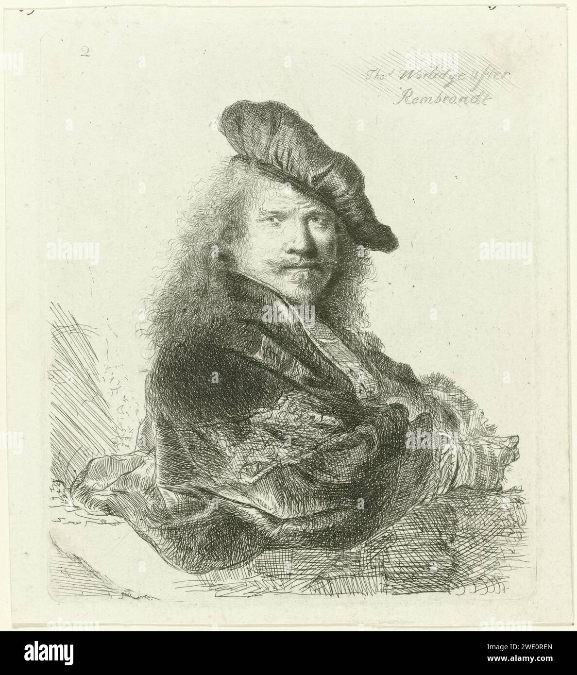 Portrait of Rembrandt van Rijn, leaning with the forearm on a stone ...