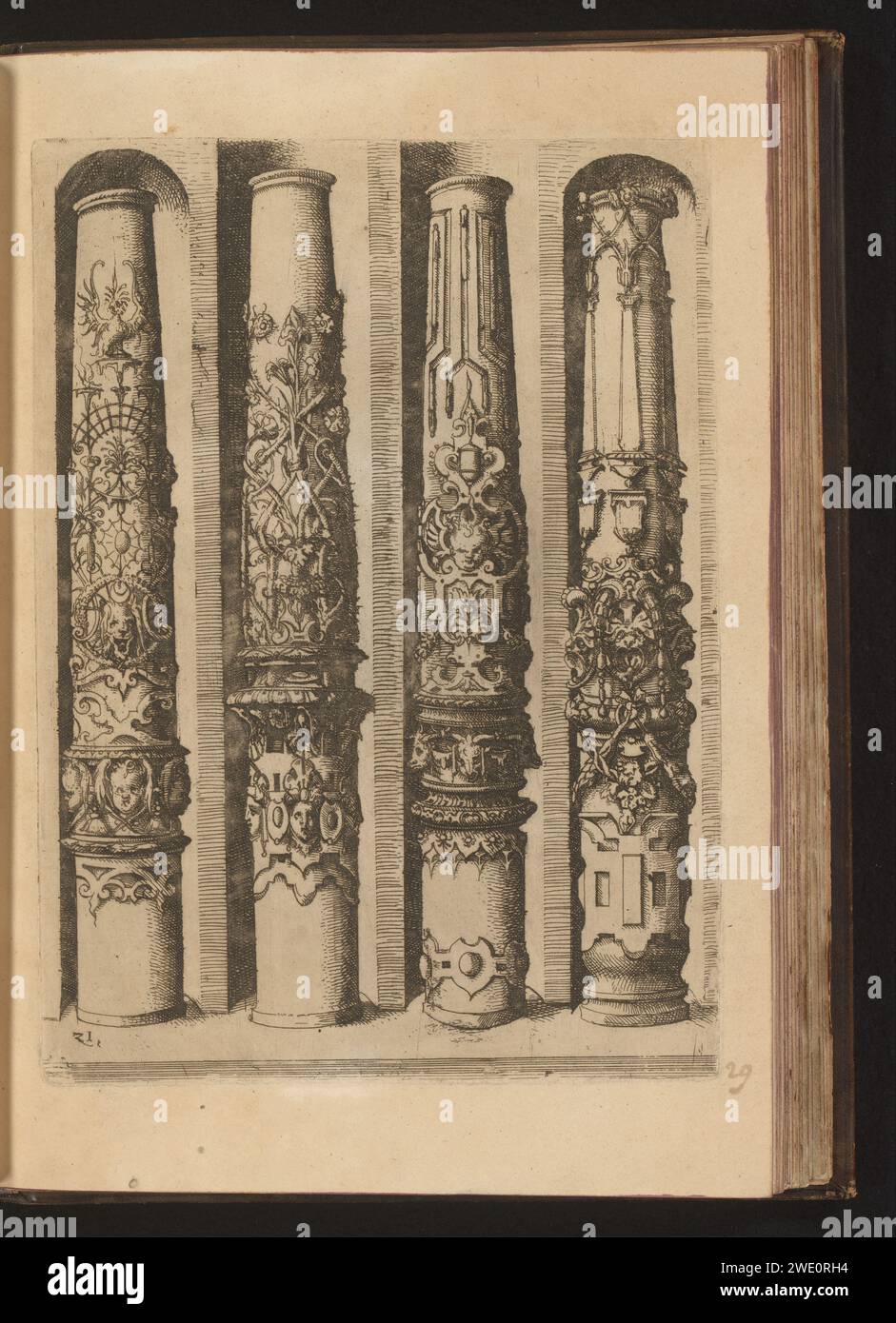Four shafts of Corinthian columns decorated with grotesken, mascarons ...
