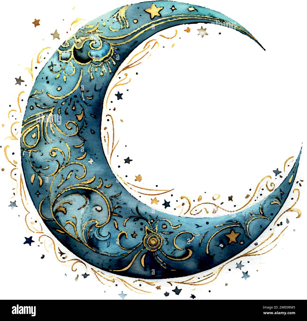 Ramadan crescent moon watercolor illustration on white Stock Vector ...