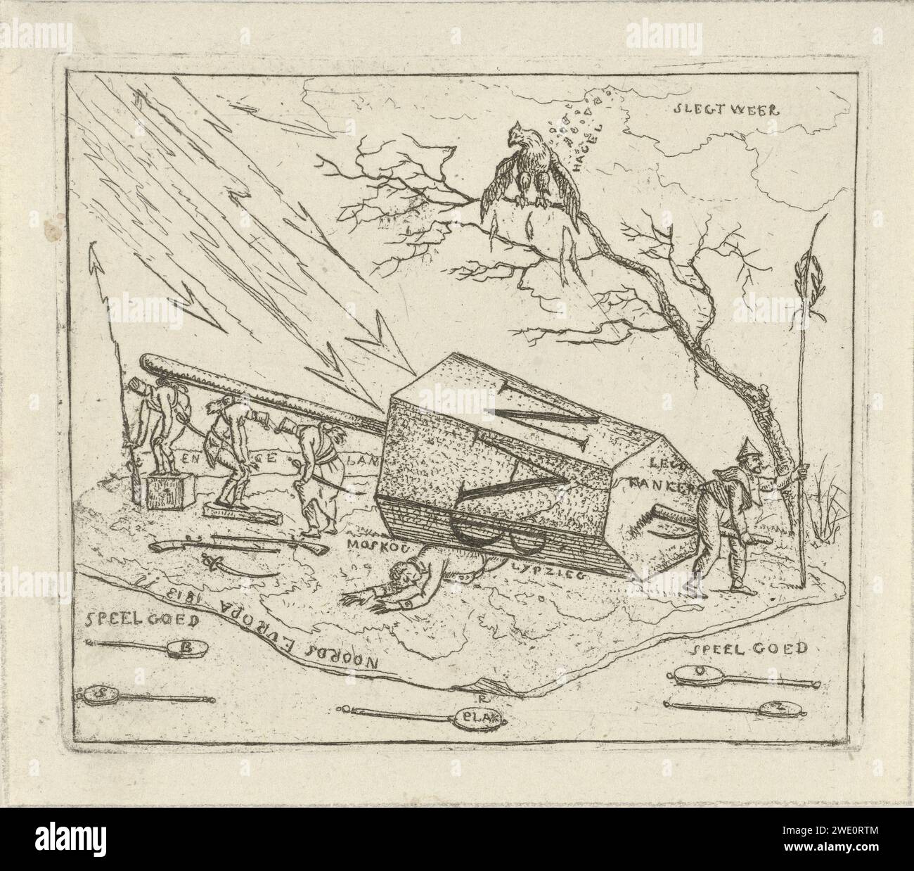 Napoleon crushed under a hexagonal block, Hermanus Fock, 1813 print On ...