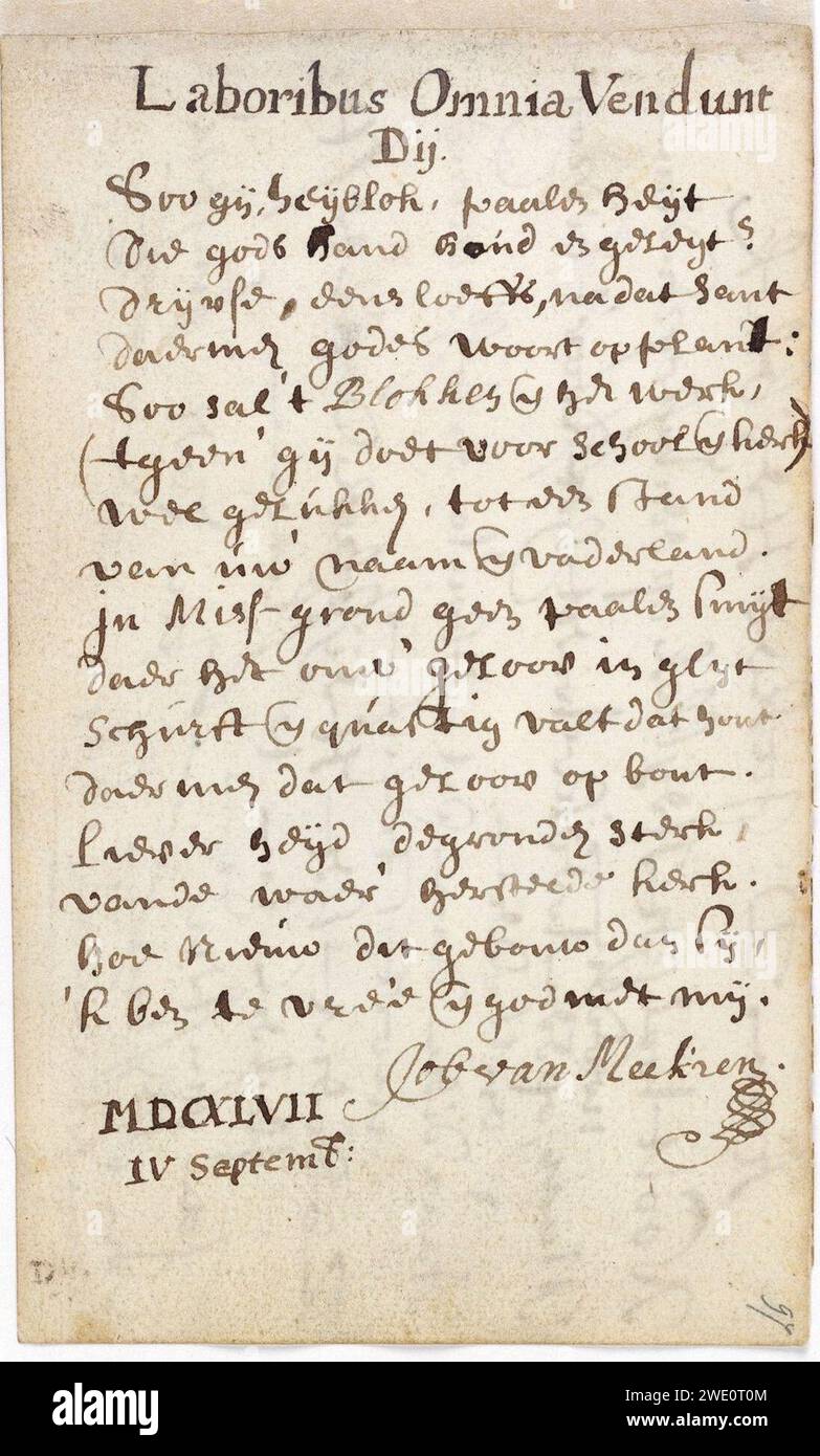 Album amicorum Jacob Heyblocq KB131H26 - p097 - Job van Meekeren - Poem with the drawing on page ...