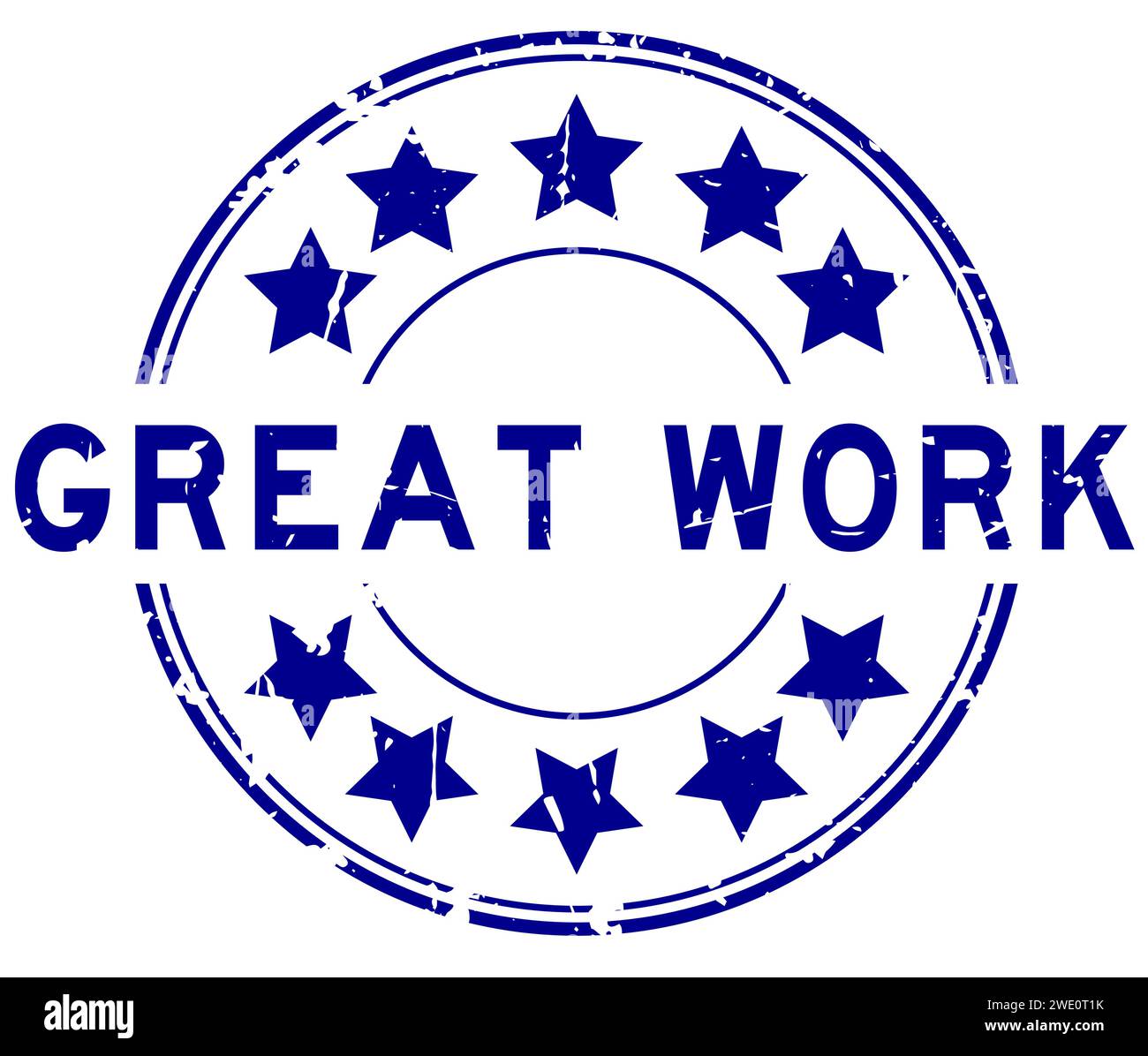 Grunge blue great work word with star icon round rubber seal stamp on ...