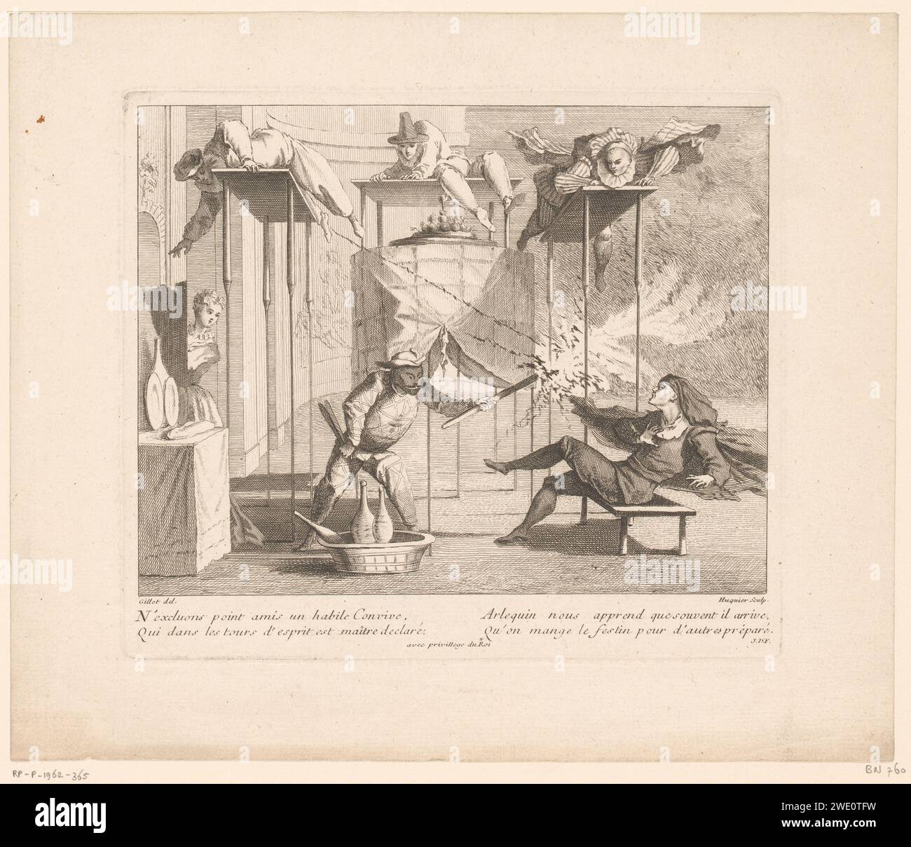 Scene from the Commedia dell'arte with Harlekijn, Pierrot, Pulcinello ...