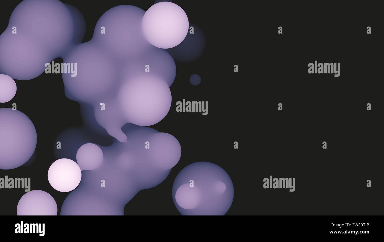 Abstract 3d fluid metaball shape with violet balls. Synthwave liquid pastel organic droplets ...