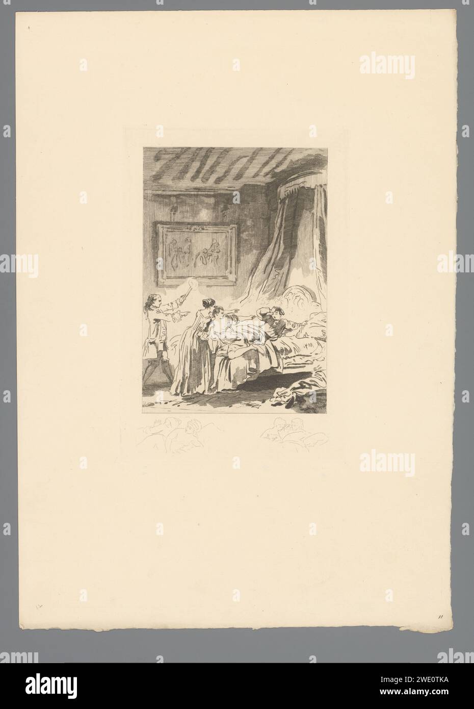 Reproduction from a print to a drawing of figures pointing to a man in ...