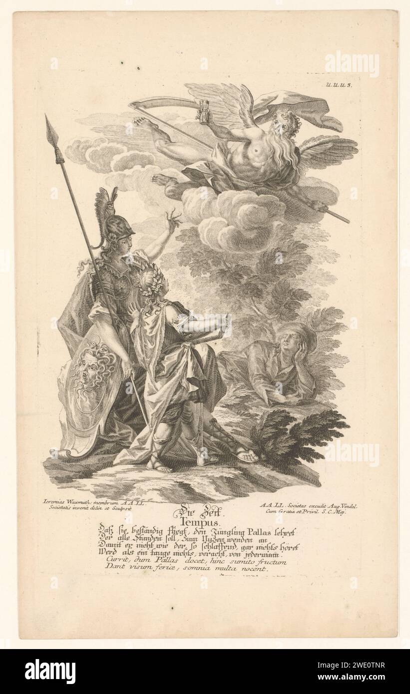 Minerva points a boy at a father who flies by, Jeremias Wachsmuth, 1721 ...