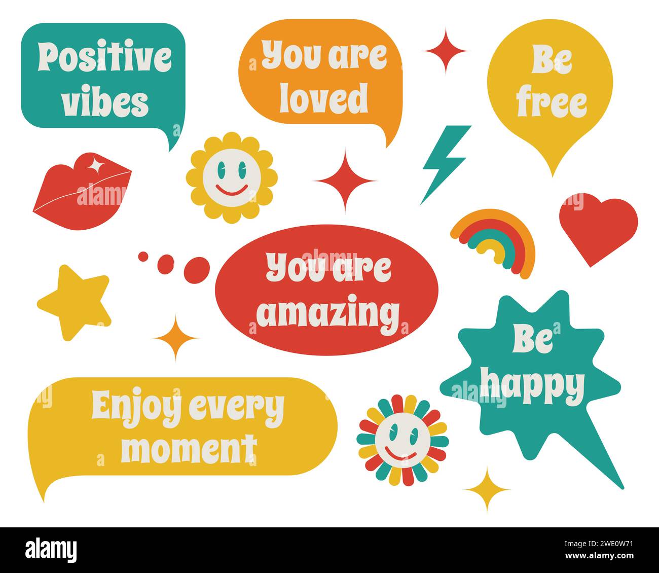 Set of colored speech bubbles with motivational quotes on a white ...