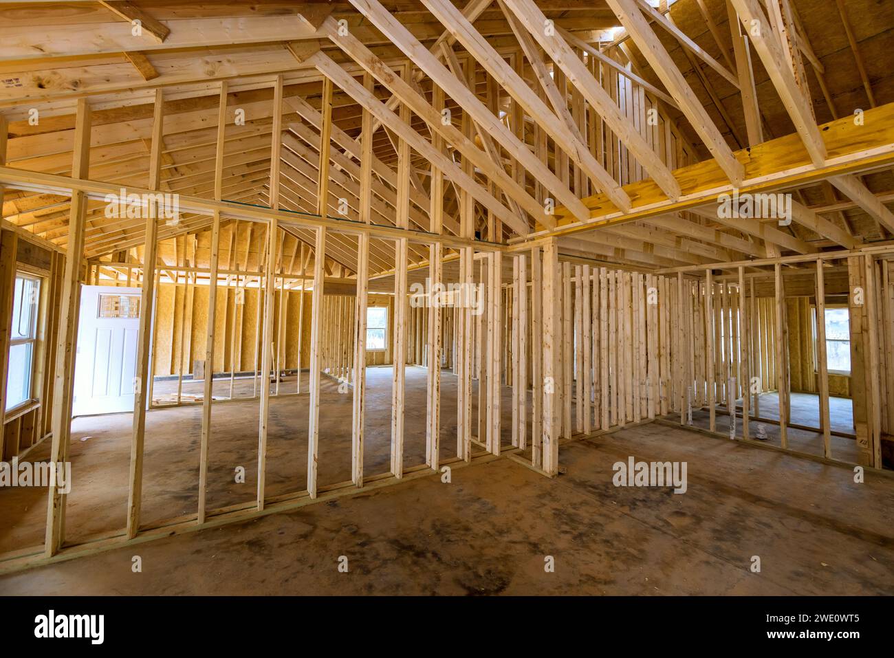 On construction of new home, you can see support beams stick framing ...