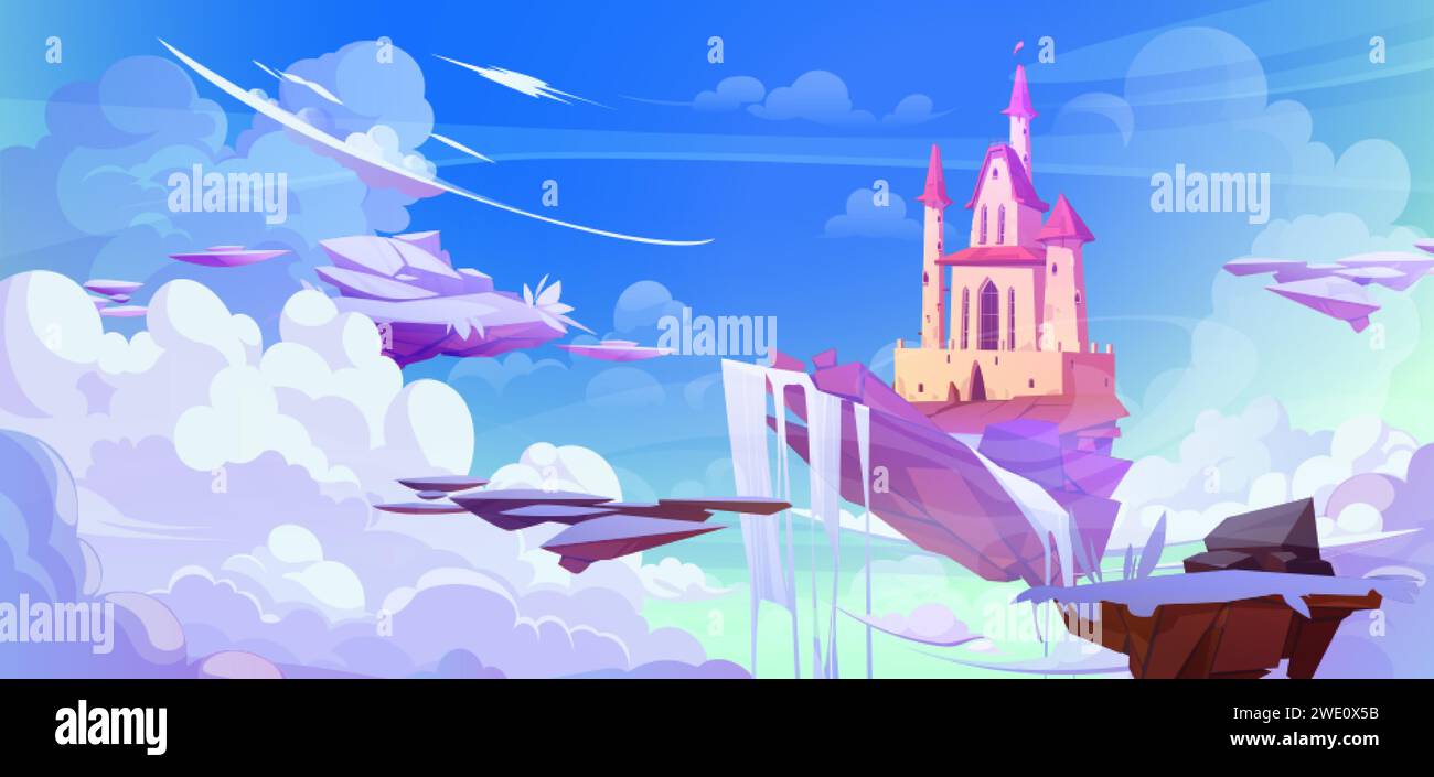 Fantasy fairytale castle on island of ground with waterfall floating in ...