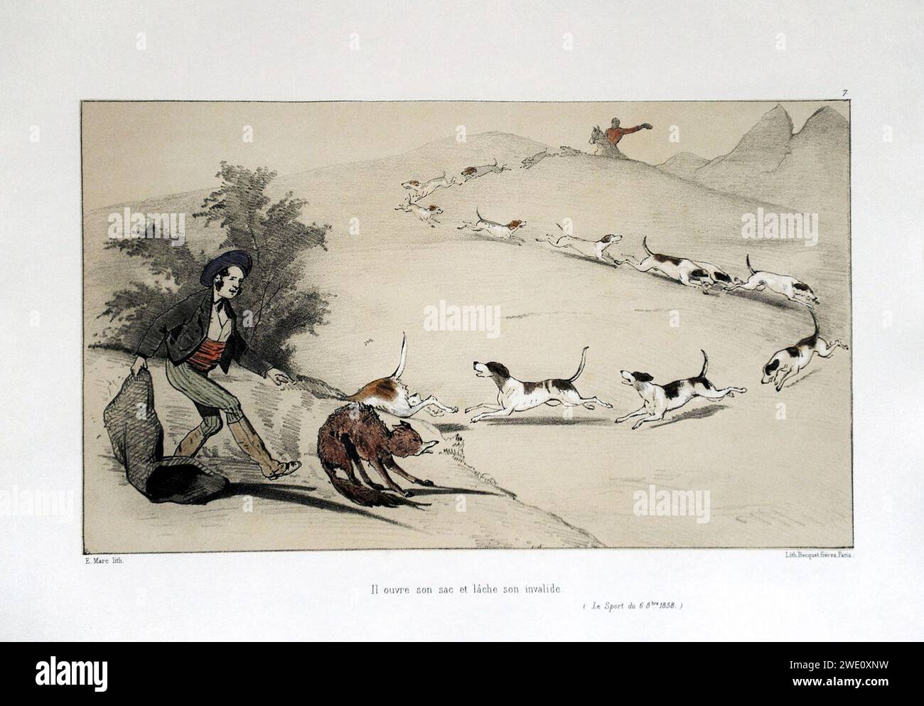 Album de chasse le drag de Pau. Planche 7, 1860, 1er éd. Becquet Frères ...