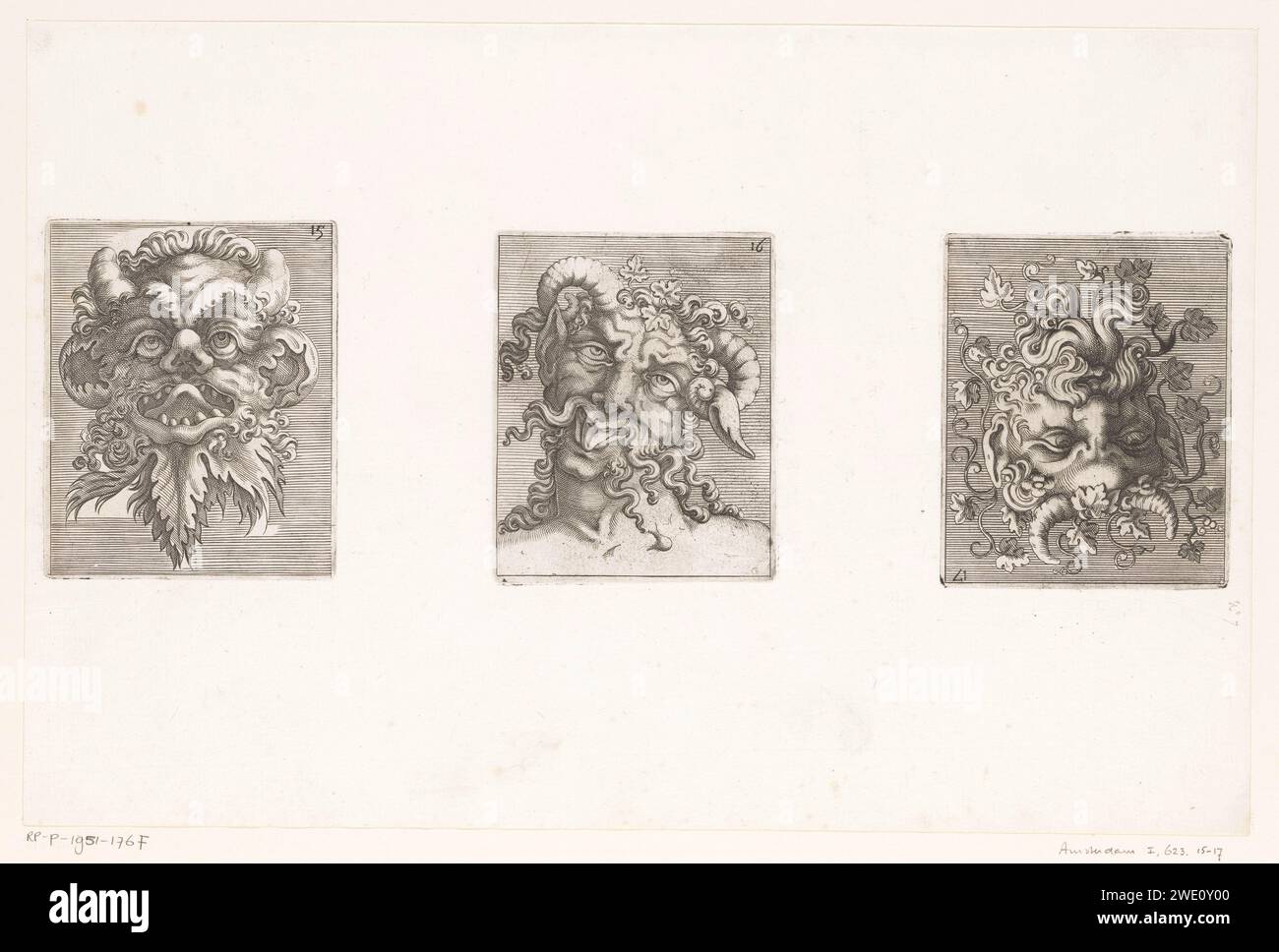 Three grotesque masks, 1540 - 1585 print Leaf with three performances ...