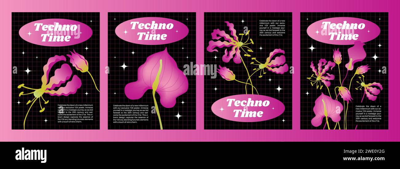 Y2k poster or cover design with bright pink flowers and text frame on ...