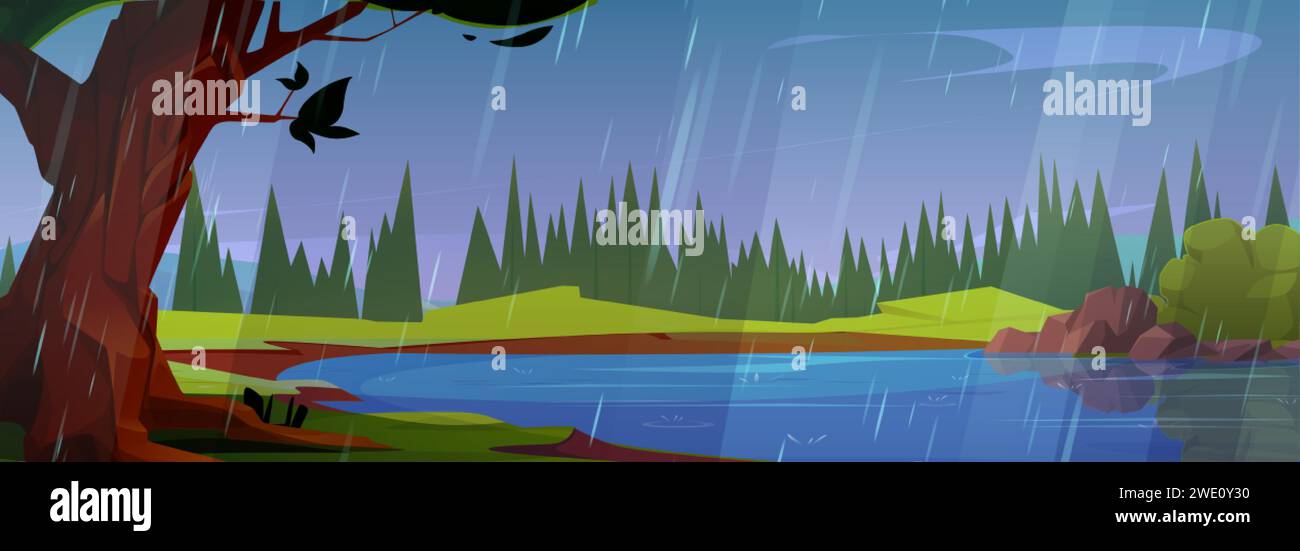 Cartoon rainy landscape with lake or river in forest on bad weather ...