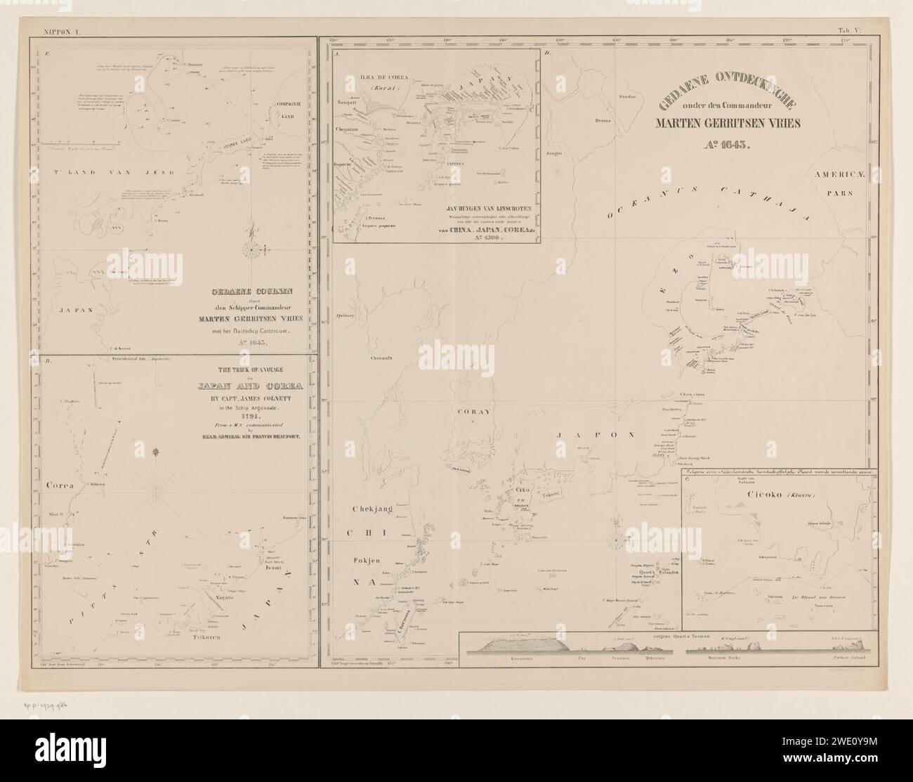 Maps of voyages of discovery around Japan on one sheet, P.C. Tesch ...