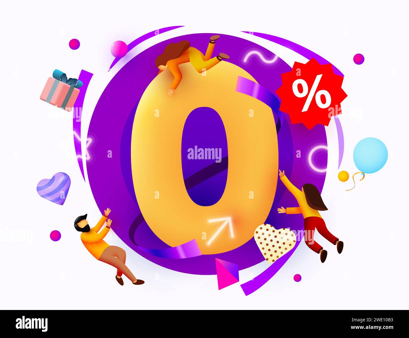 3d zero number with flying people. Zero percent commissions. Vector ...