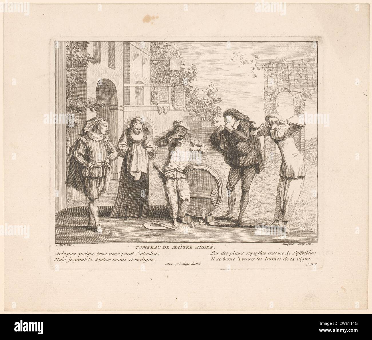Scene with figures from the Commedia dell'arte with Harlequin at a wine ...