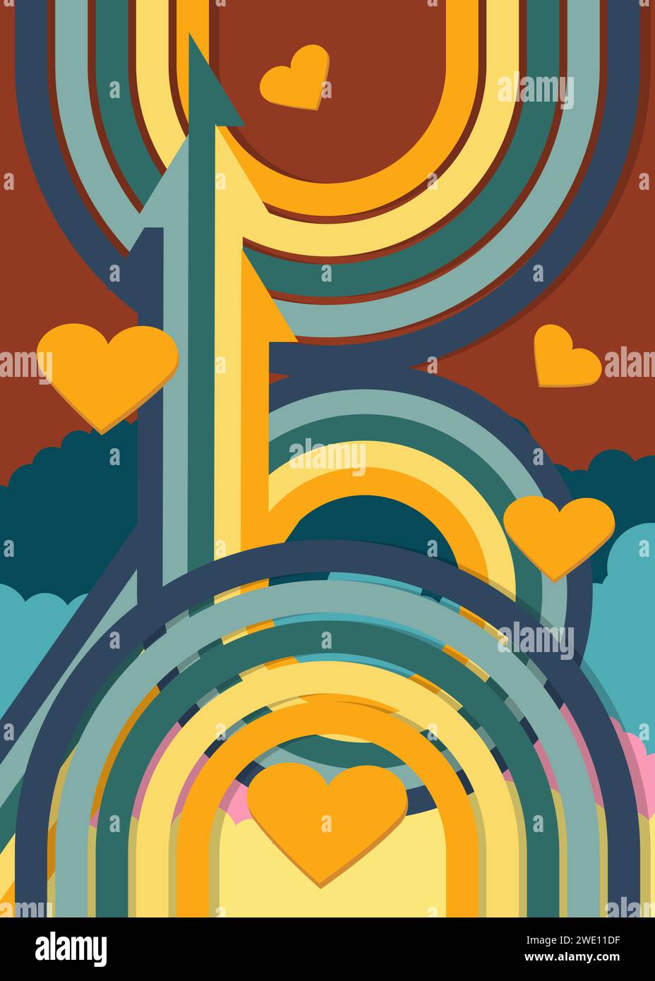 Retro 70s Background with hearts. Groovy Valentine's Day 1970s art ...